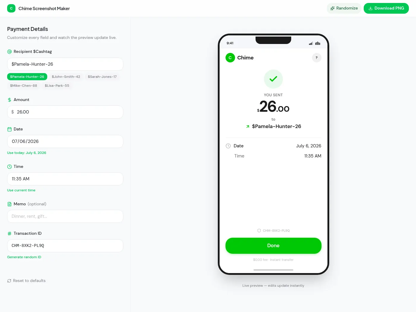 Chime Payment Screenshot Maker