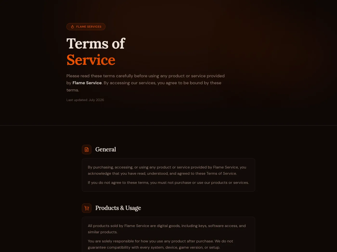 Flame Services TOS Page