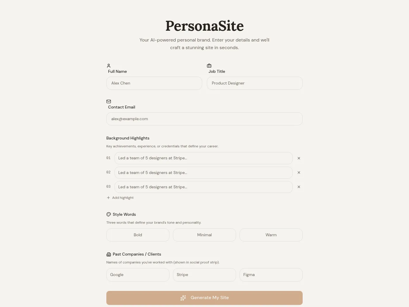 PersonaSite AI Generator
