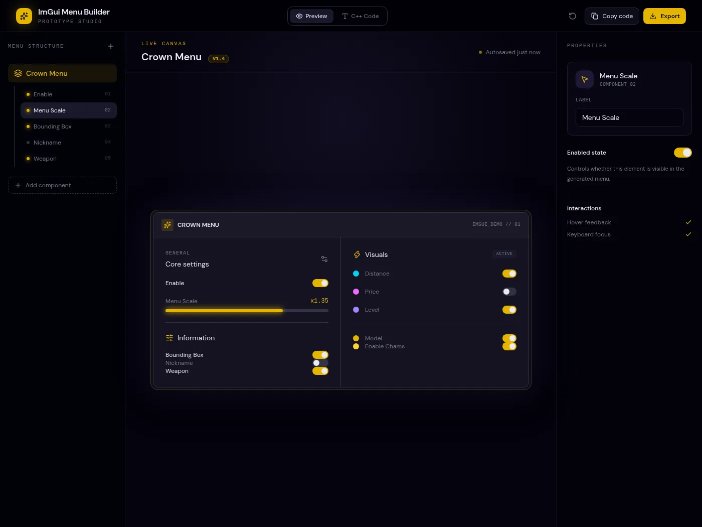ImGui Menu Builder