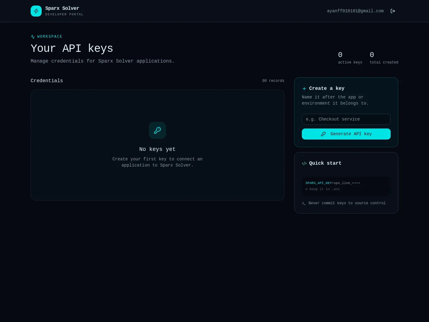 Sparx Solver API Key Portal