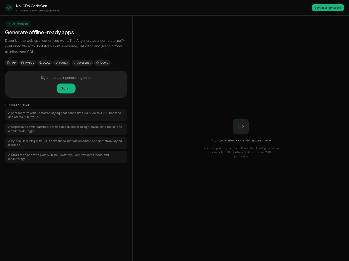 No-CDN AI Code Generator