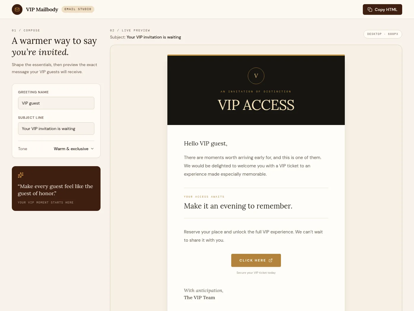 VIP Ticket Email Builder