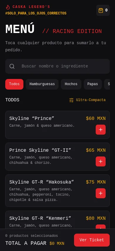Caska Legends Racing Menu