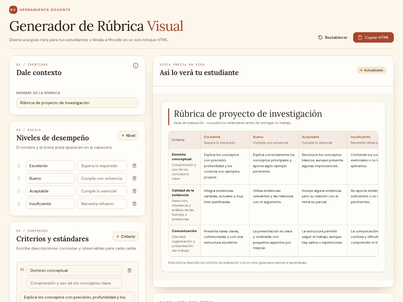 Generador Rúbrica Visual Moodle