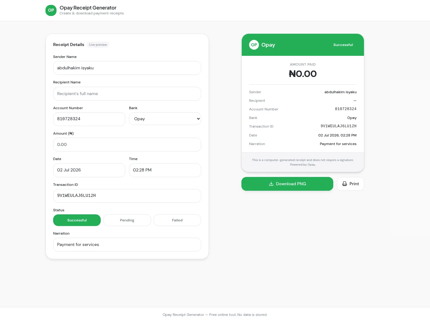 Opay Receipt Generator