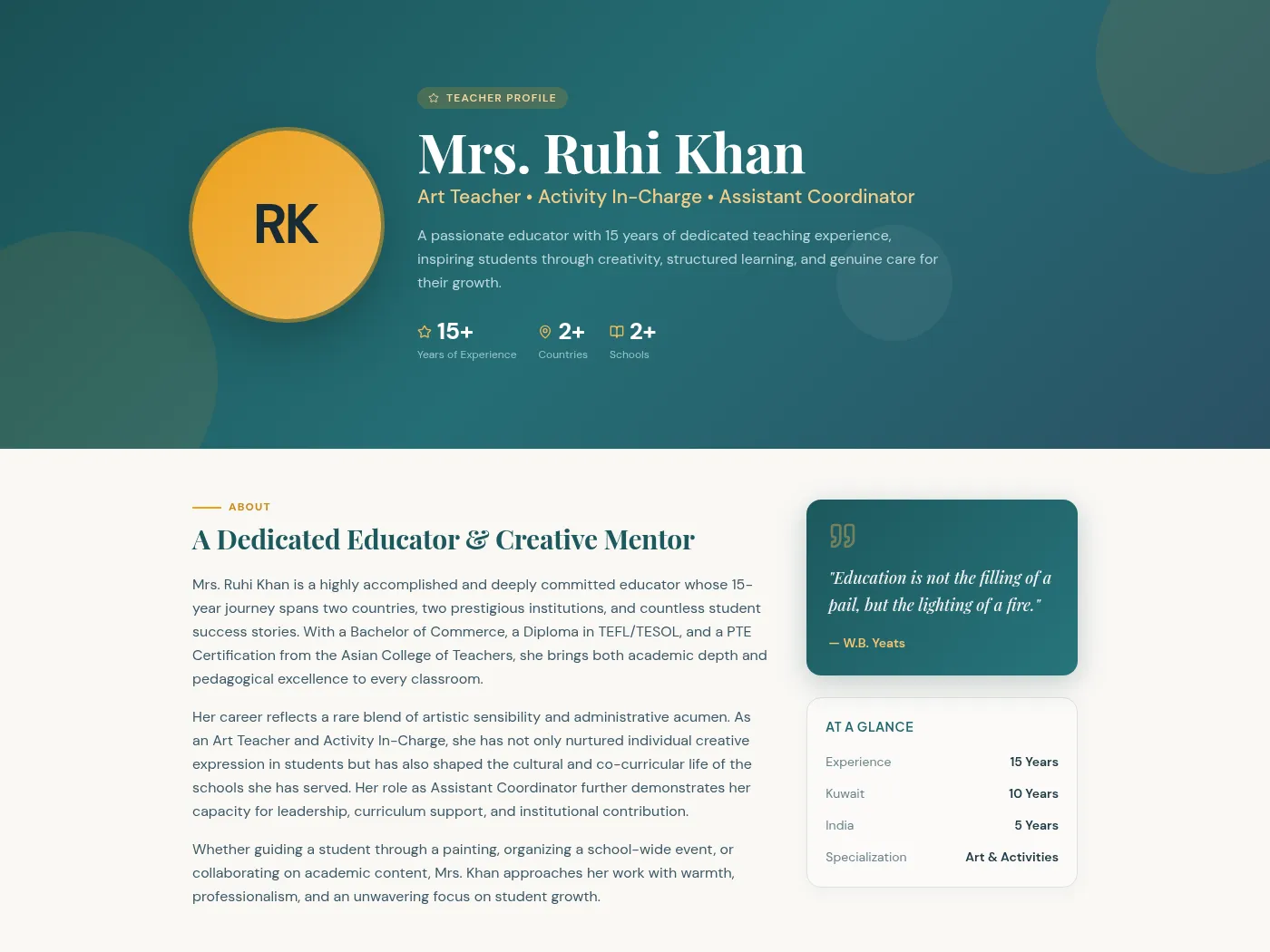 Ruhi Khan Teacher Profile