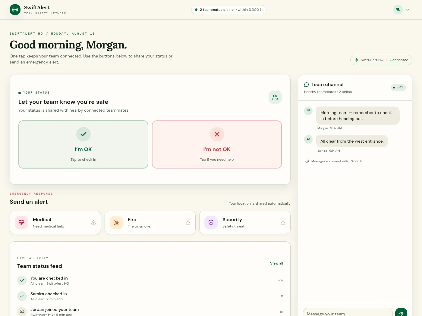 SwiftAlert Team Safety App