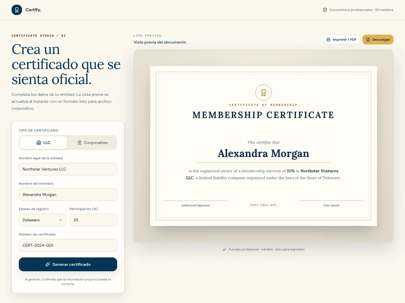 LLC & Corp Cert Generator