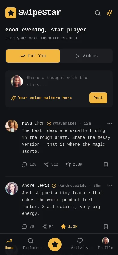 SwipeStar Social App