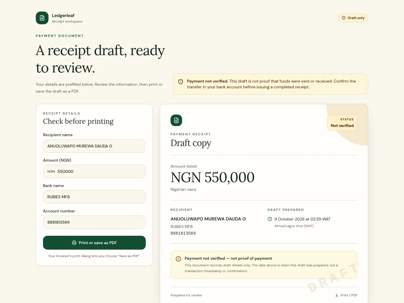 Instant Receipt Generator