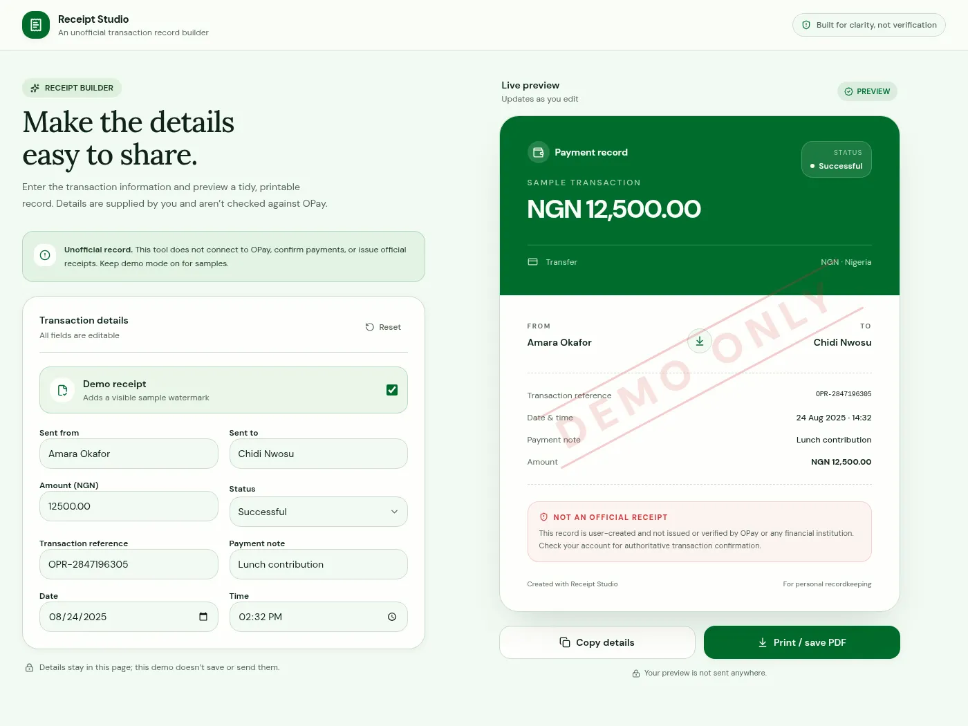 Opay Receipt Generator