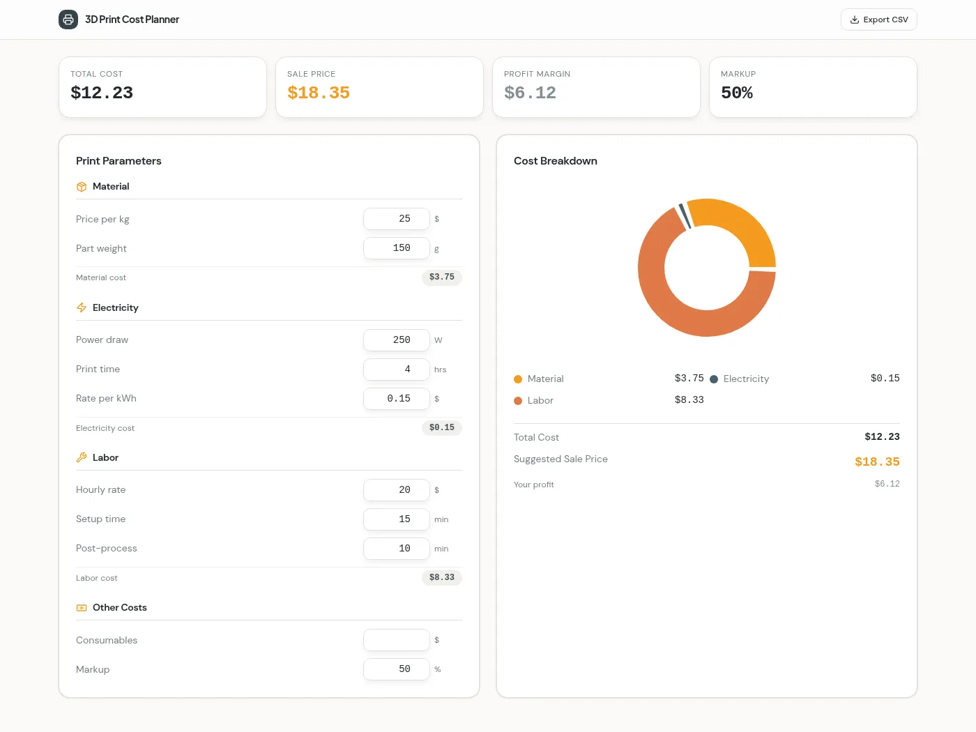 3D Print Cost Planner