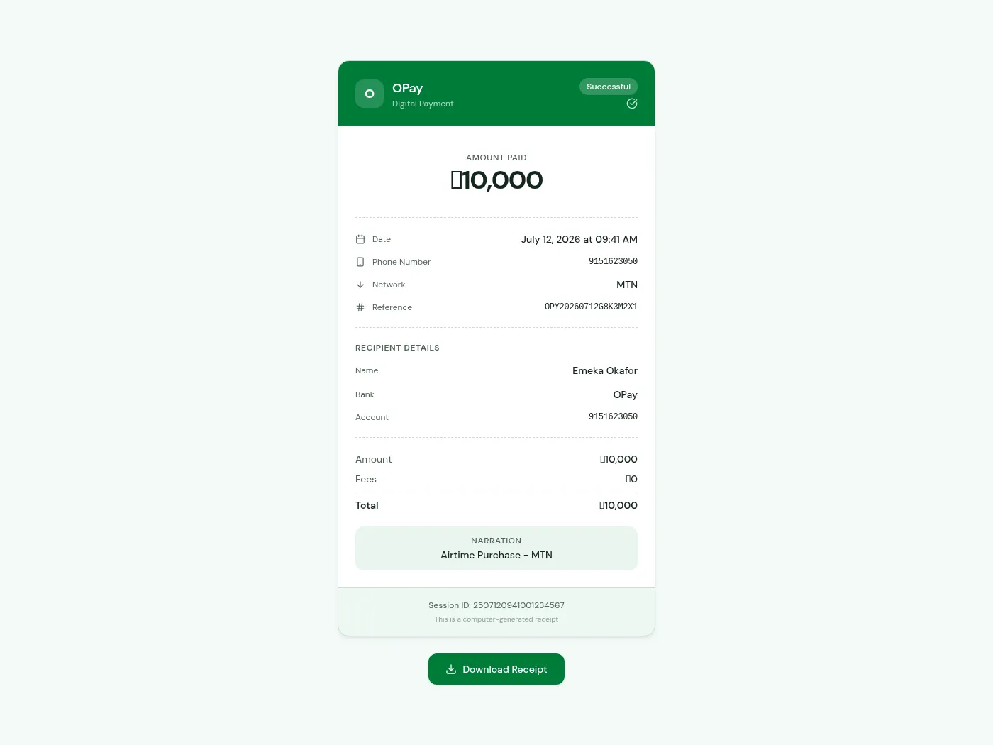 Opay Receipt Generator