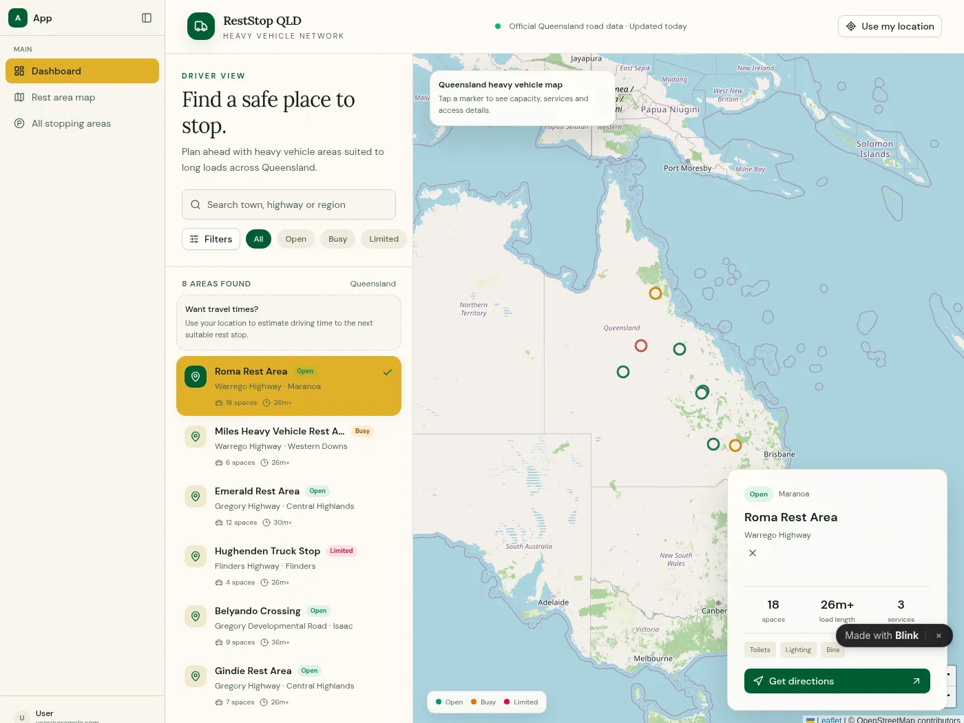 Truck Rest Map Dashboard