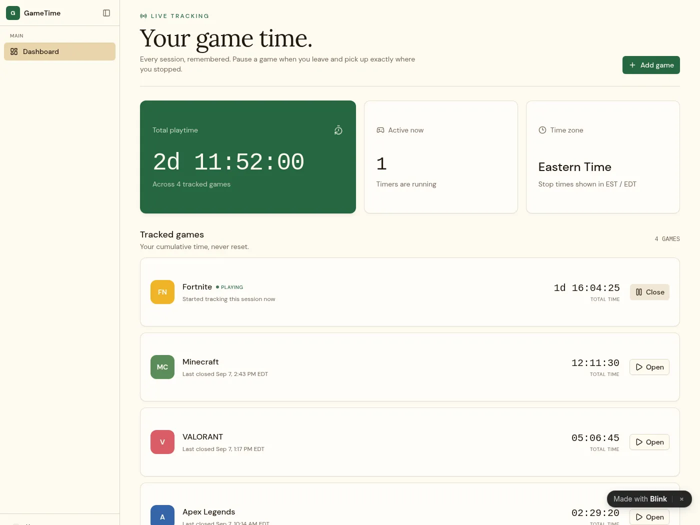 GameTime Tracker