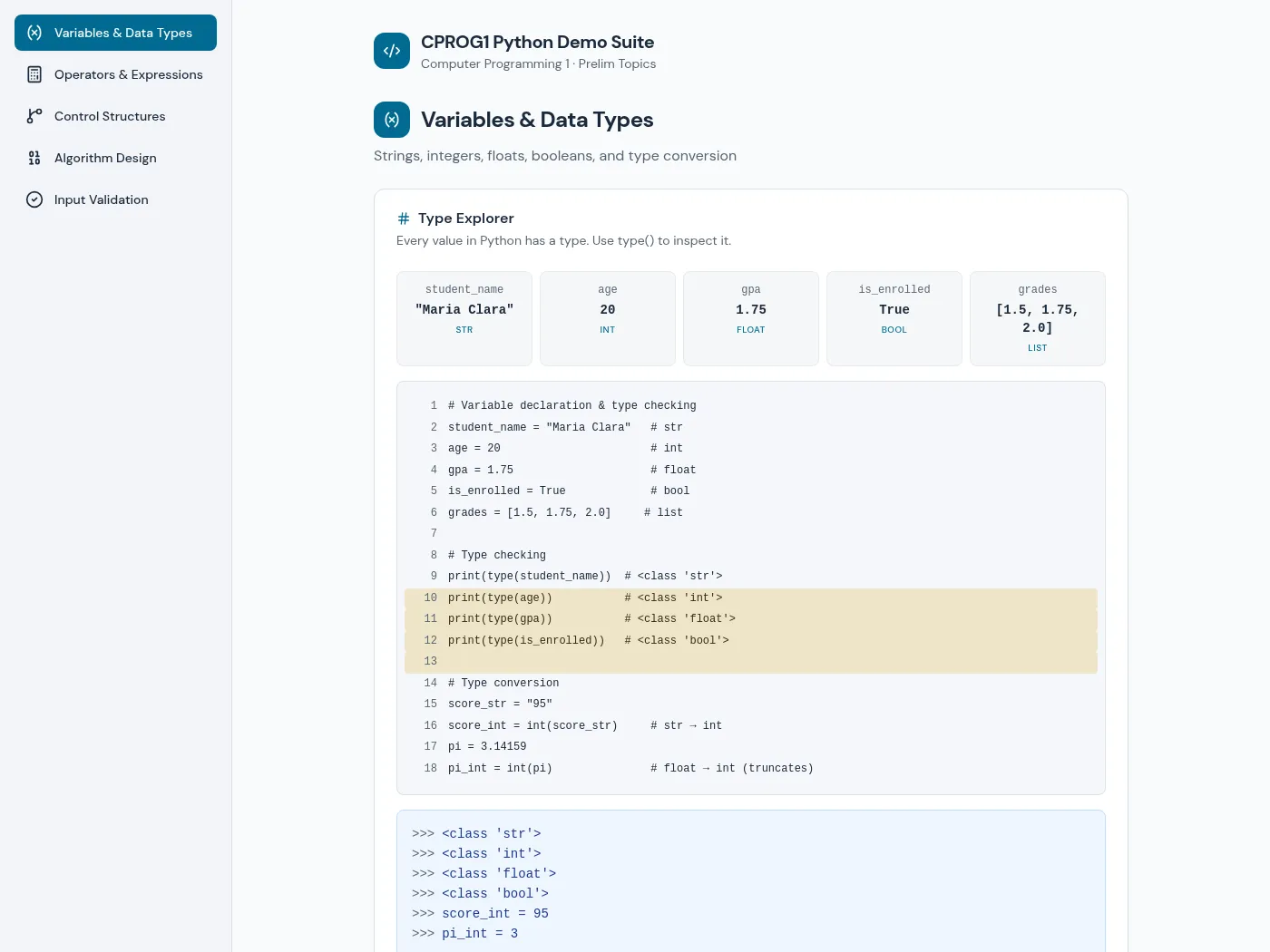 CPROG1 Python Demo Suite