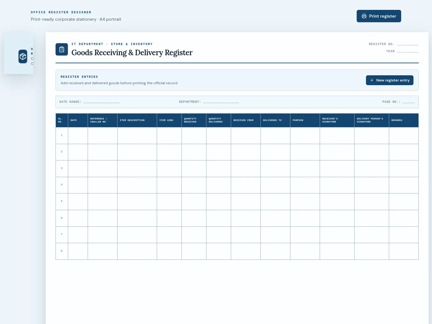 Office Register Designer