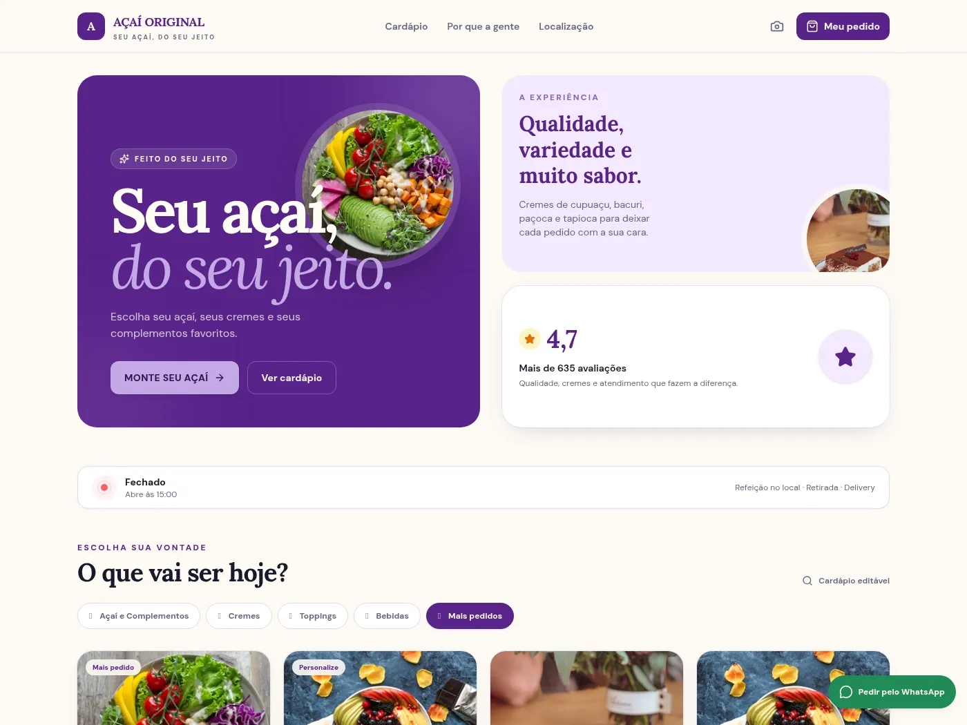 Açaí Pedido Mobile Web