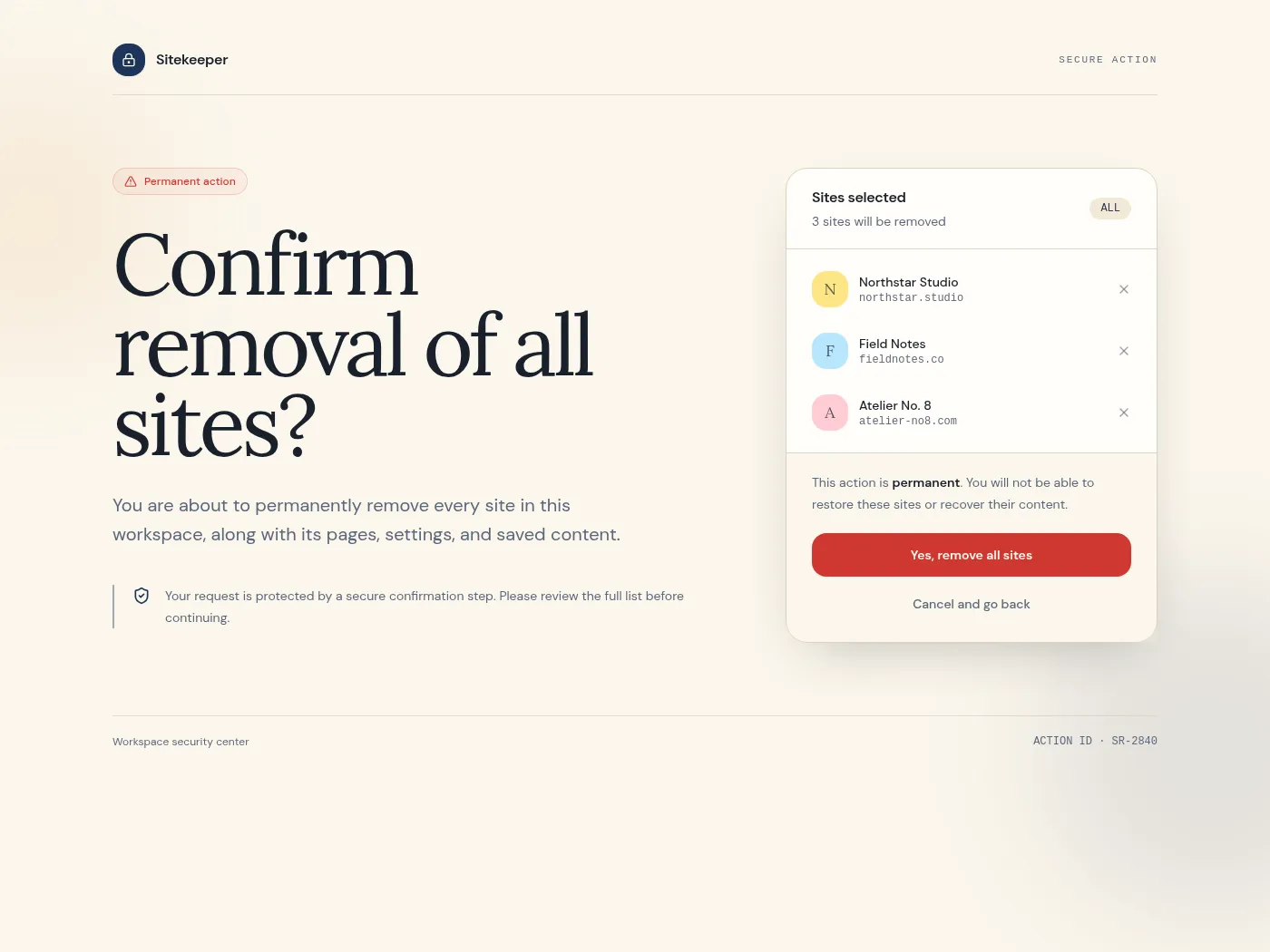 Bulk Site Removal Confirm