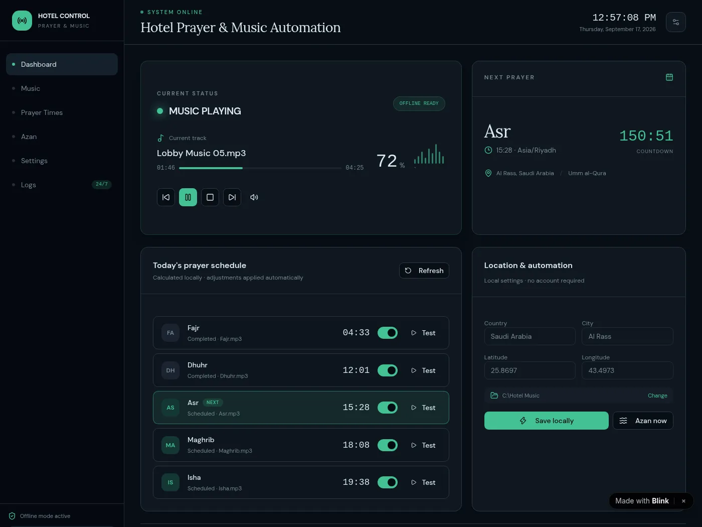 Hotel Azan Music Automation
