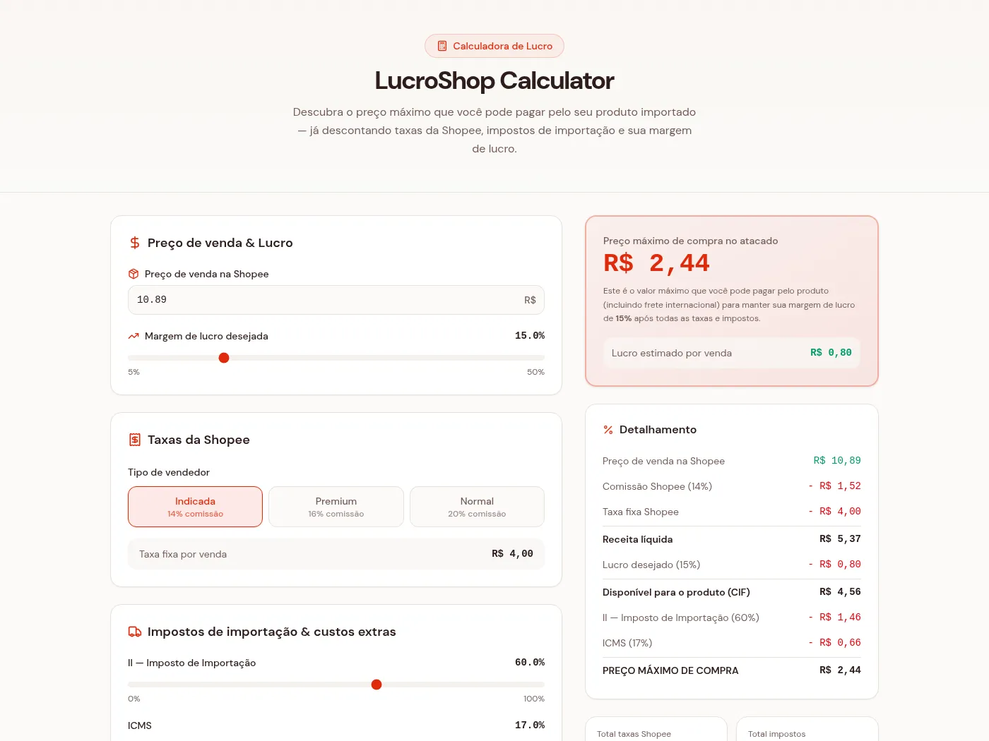 LucroShop Calculator