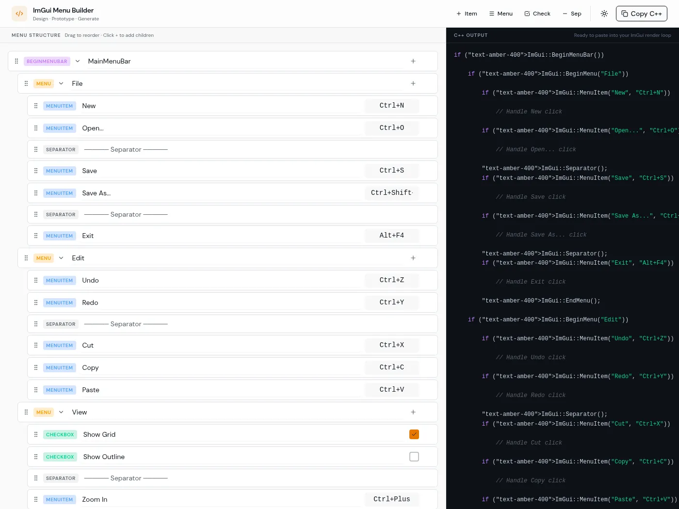 ImGui Menu Builder
