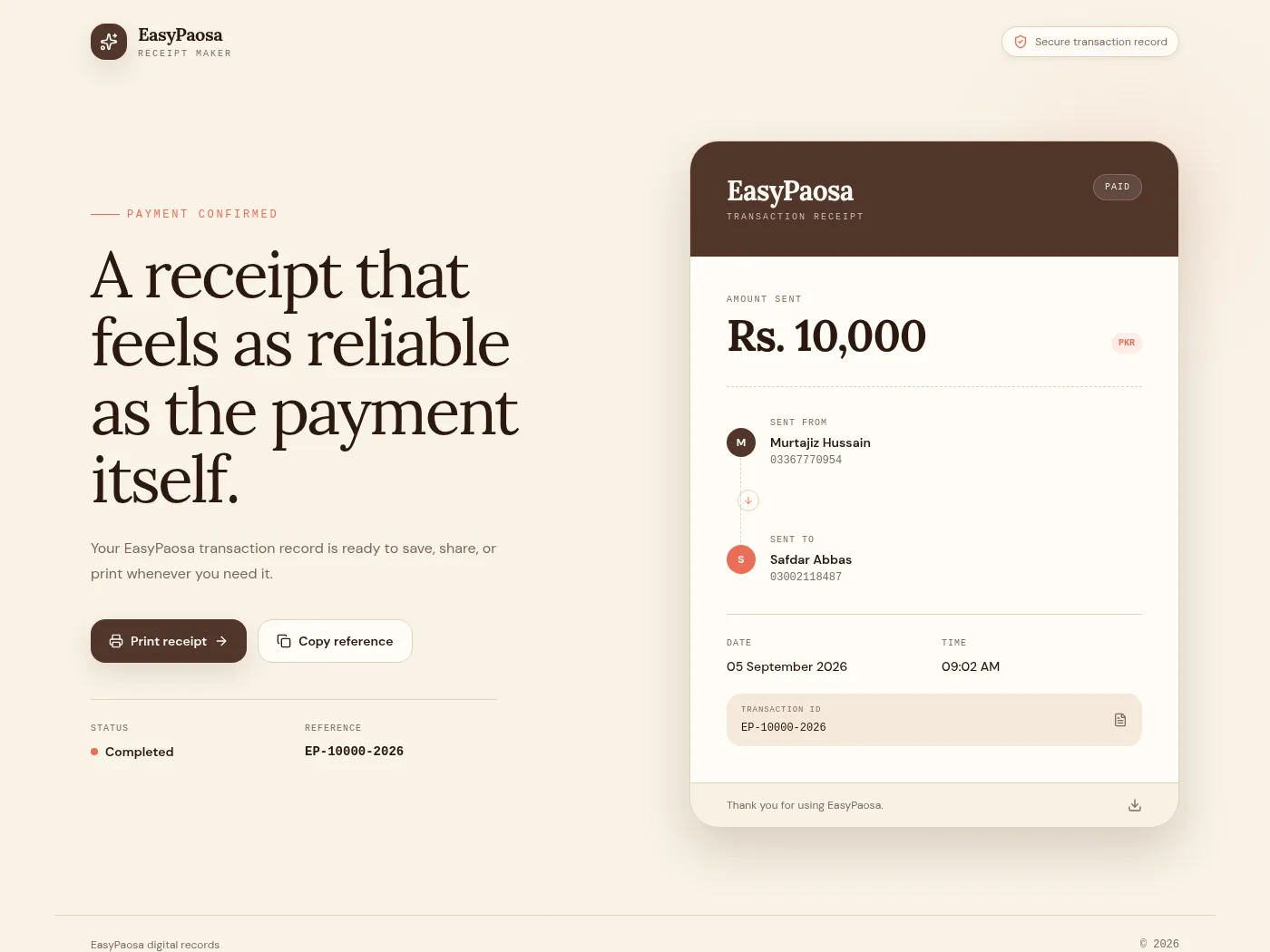 EasyPaosa Receipt Generator
