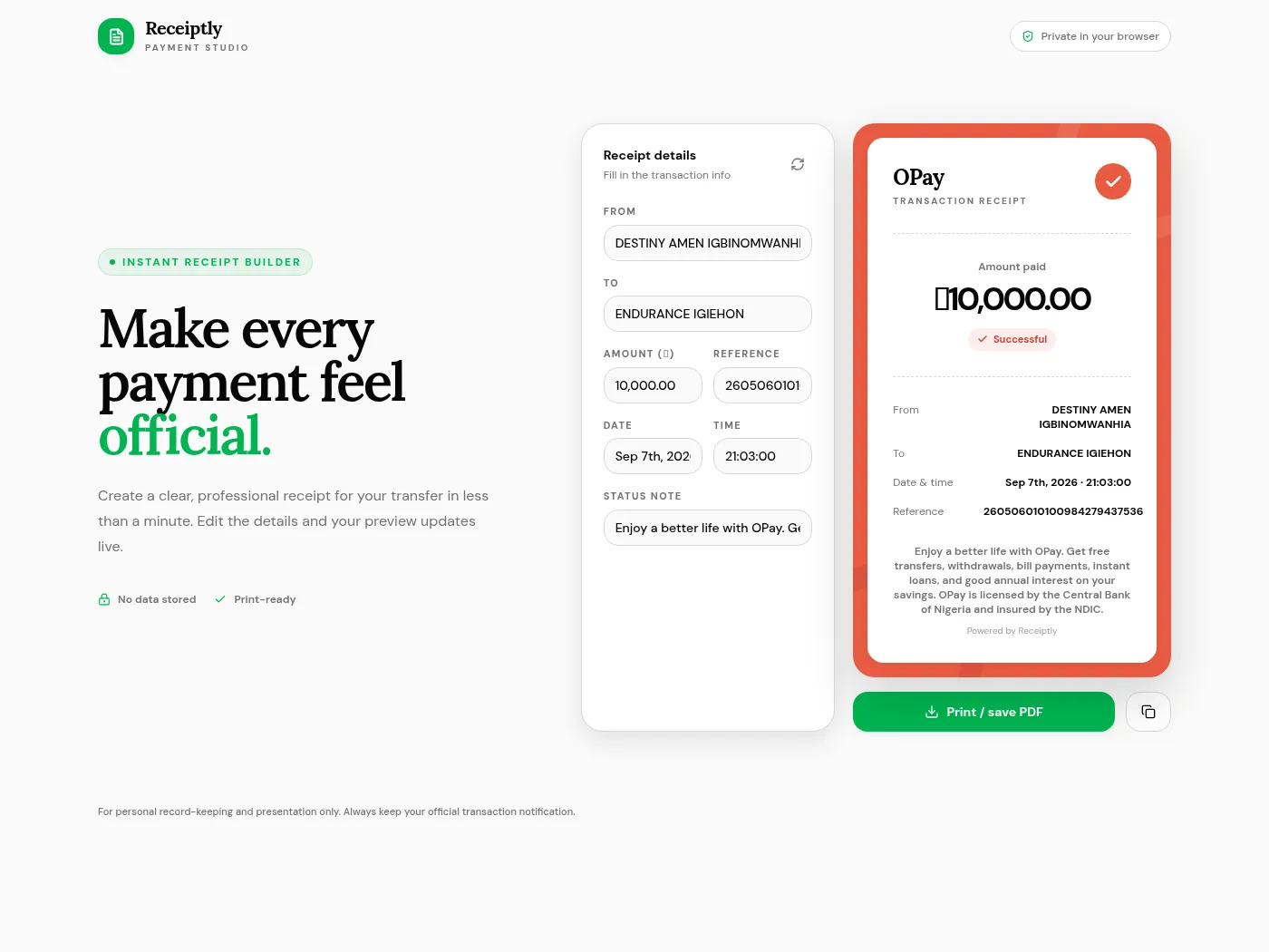 Opay Receipt Maker