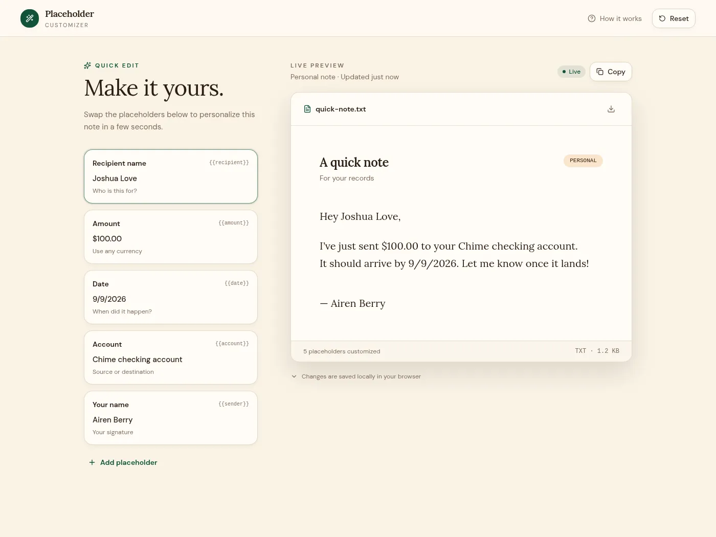 Placeholder Customizer