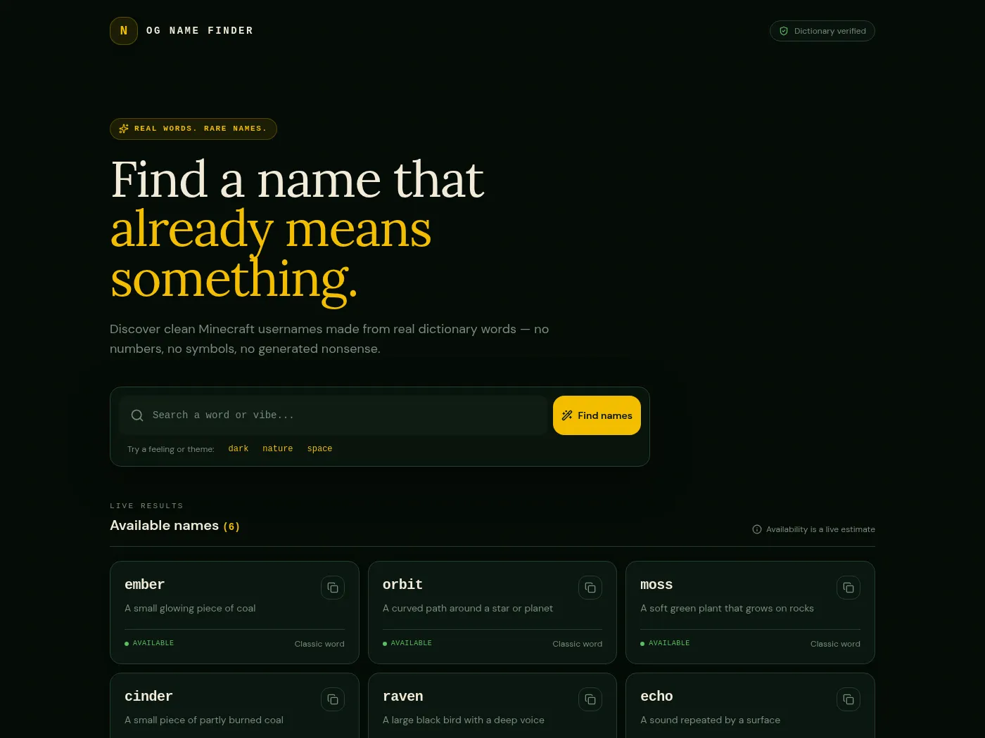 Minecraft OG Name Finder