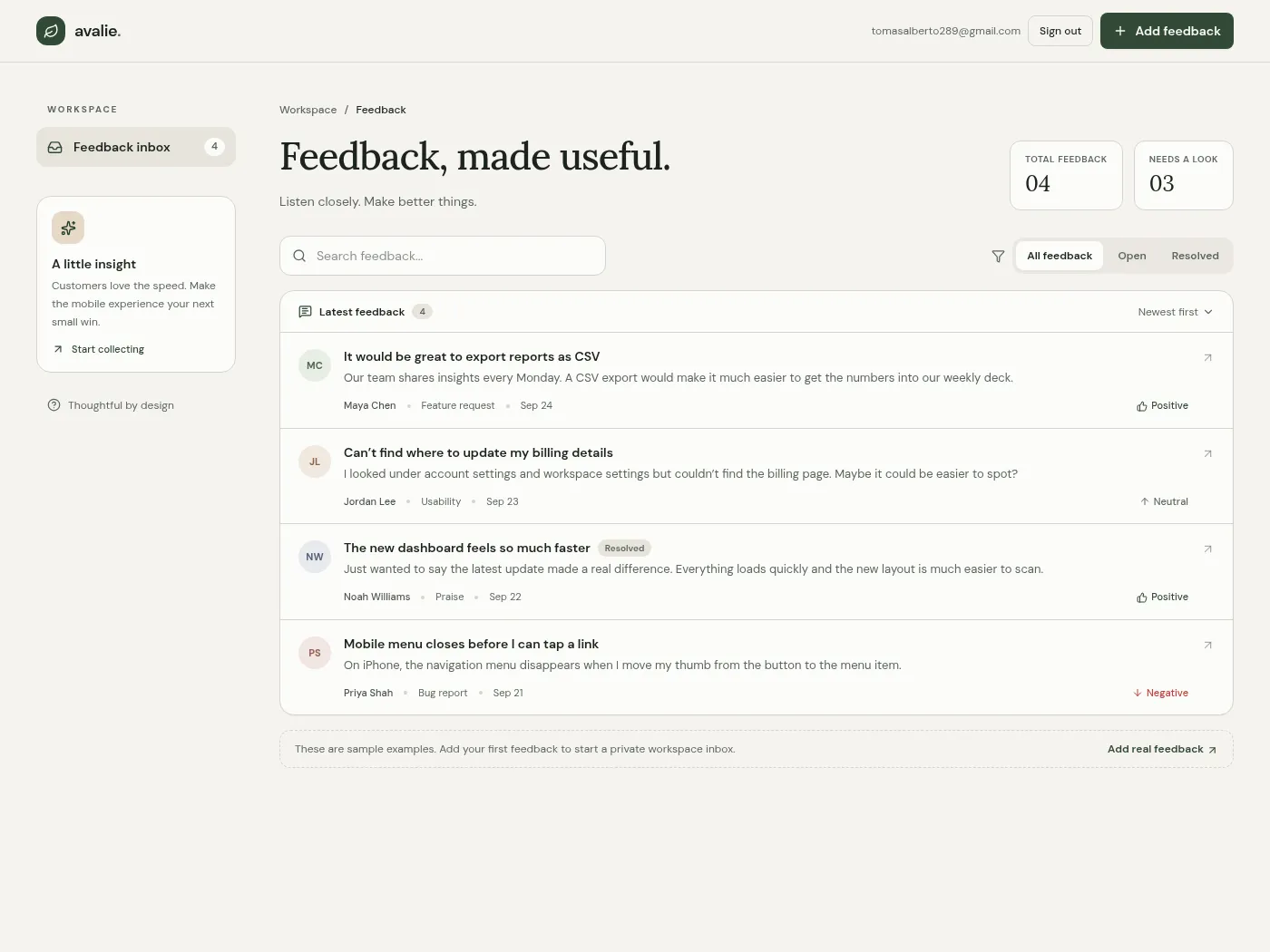 Avalie Feedback Hub
