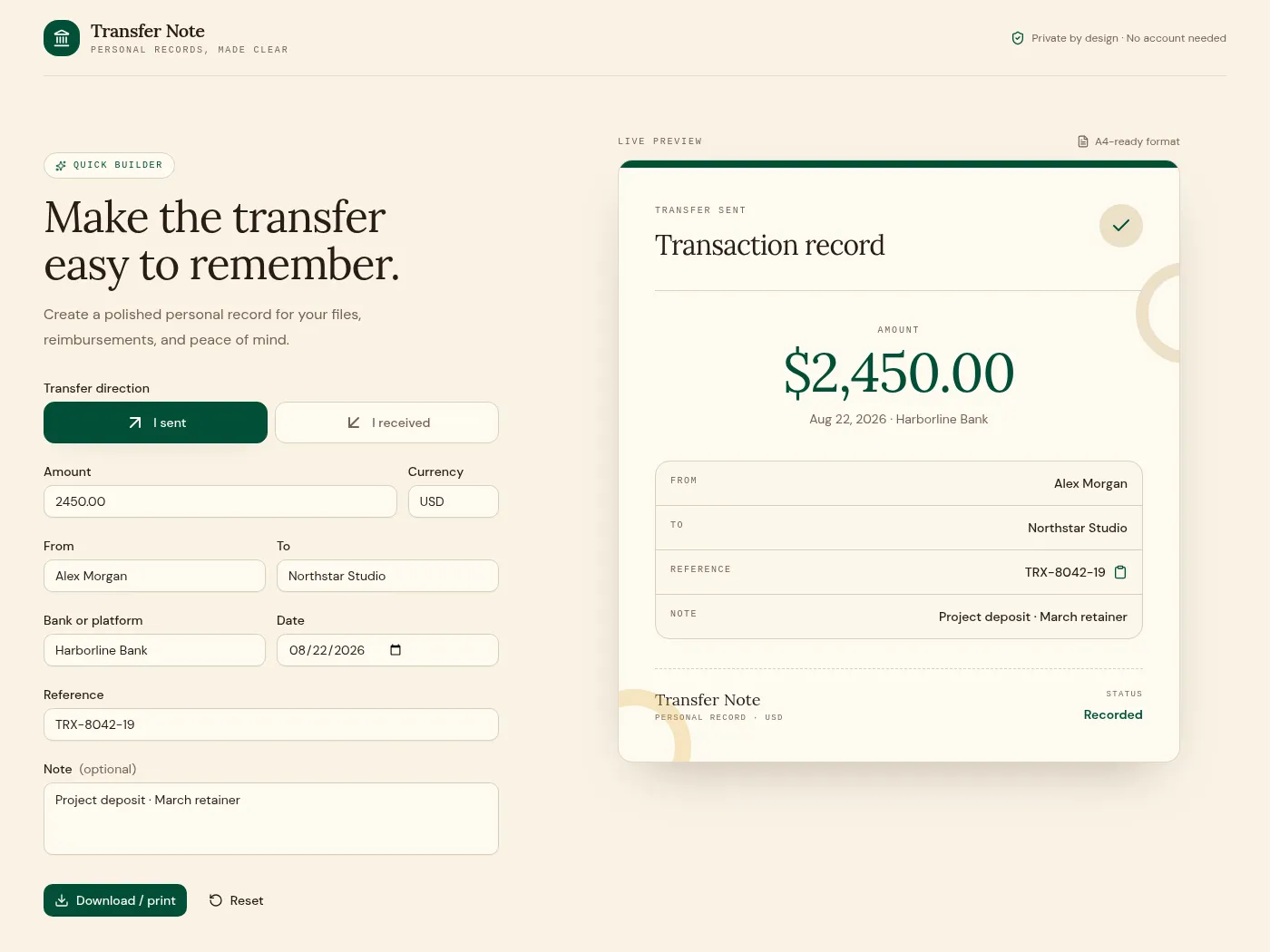 Transfer Receipt Generator