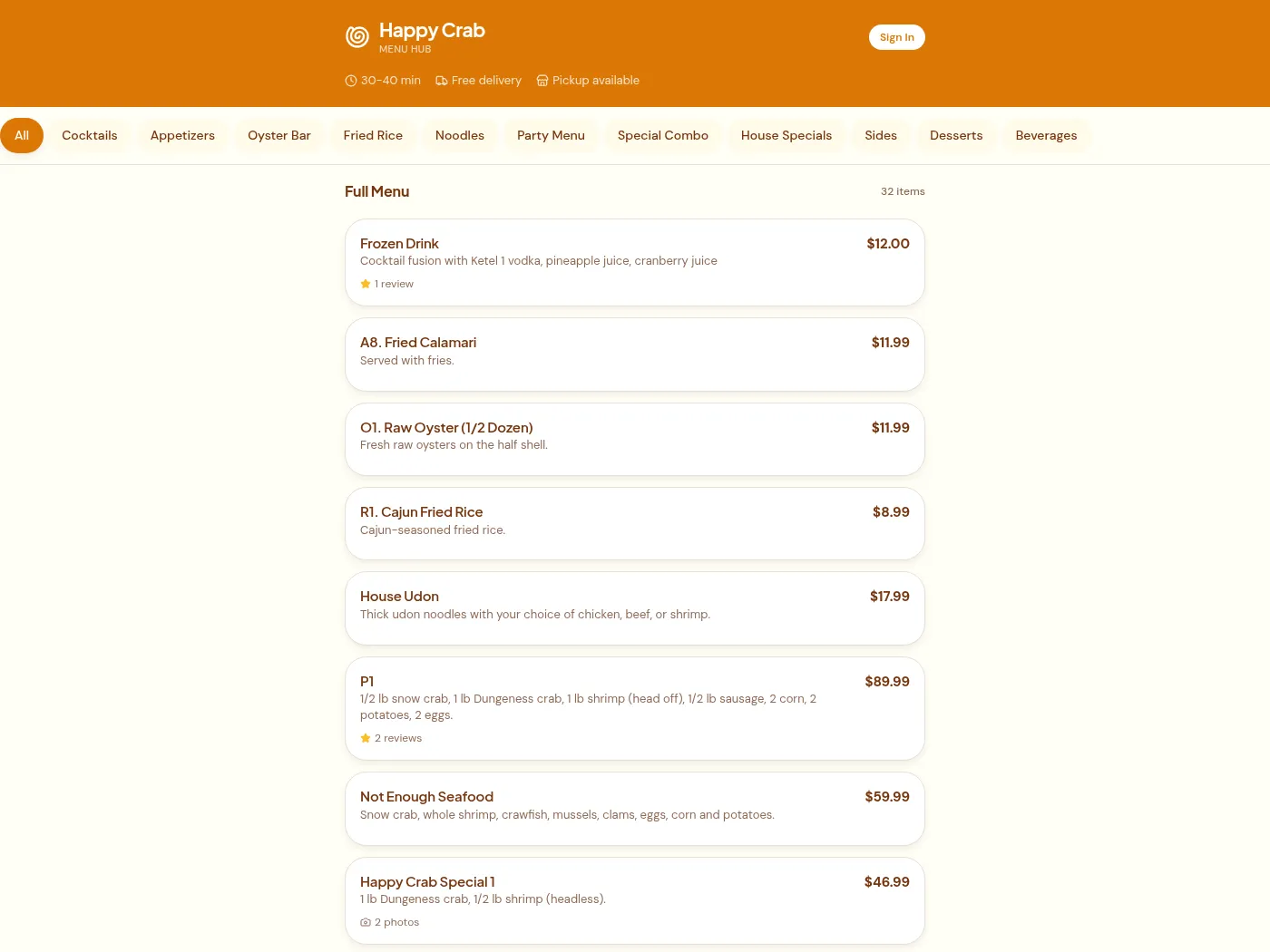 Happy Crab Menu Hub