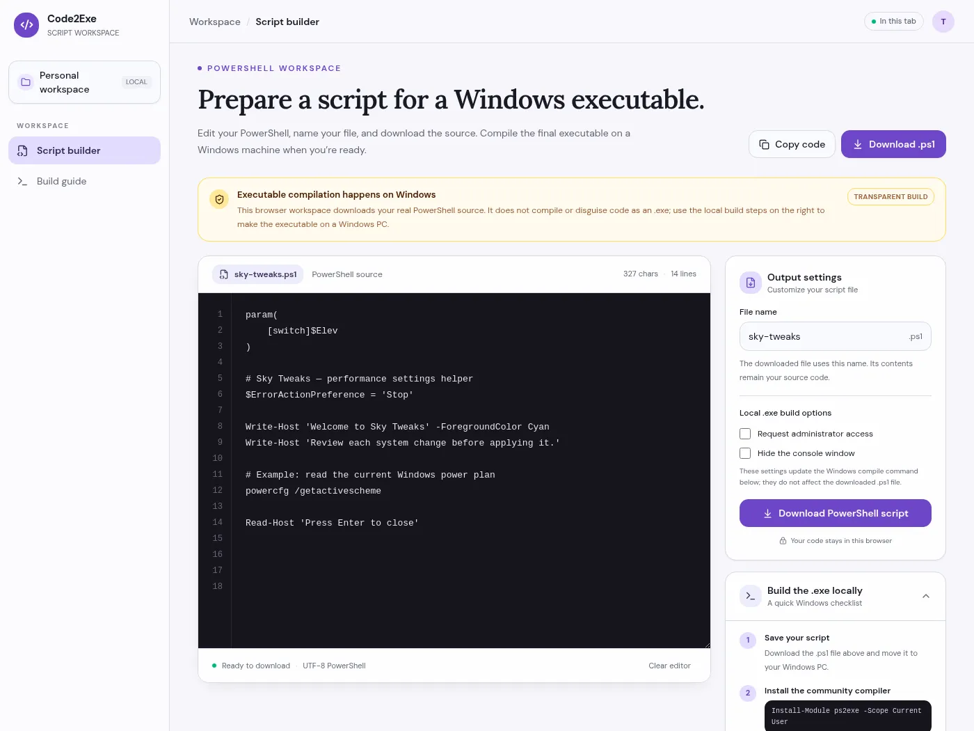Code2Exe Web Tool