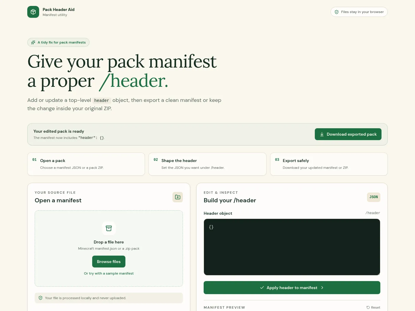 Pack Manifest Header Aid