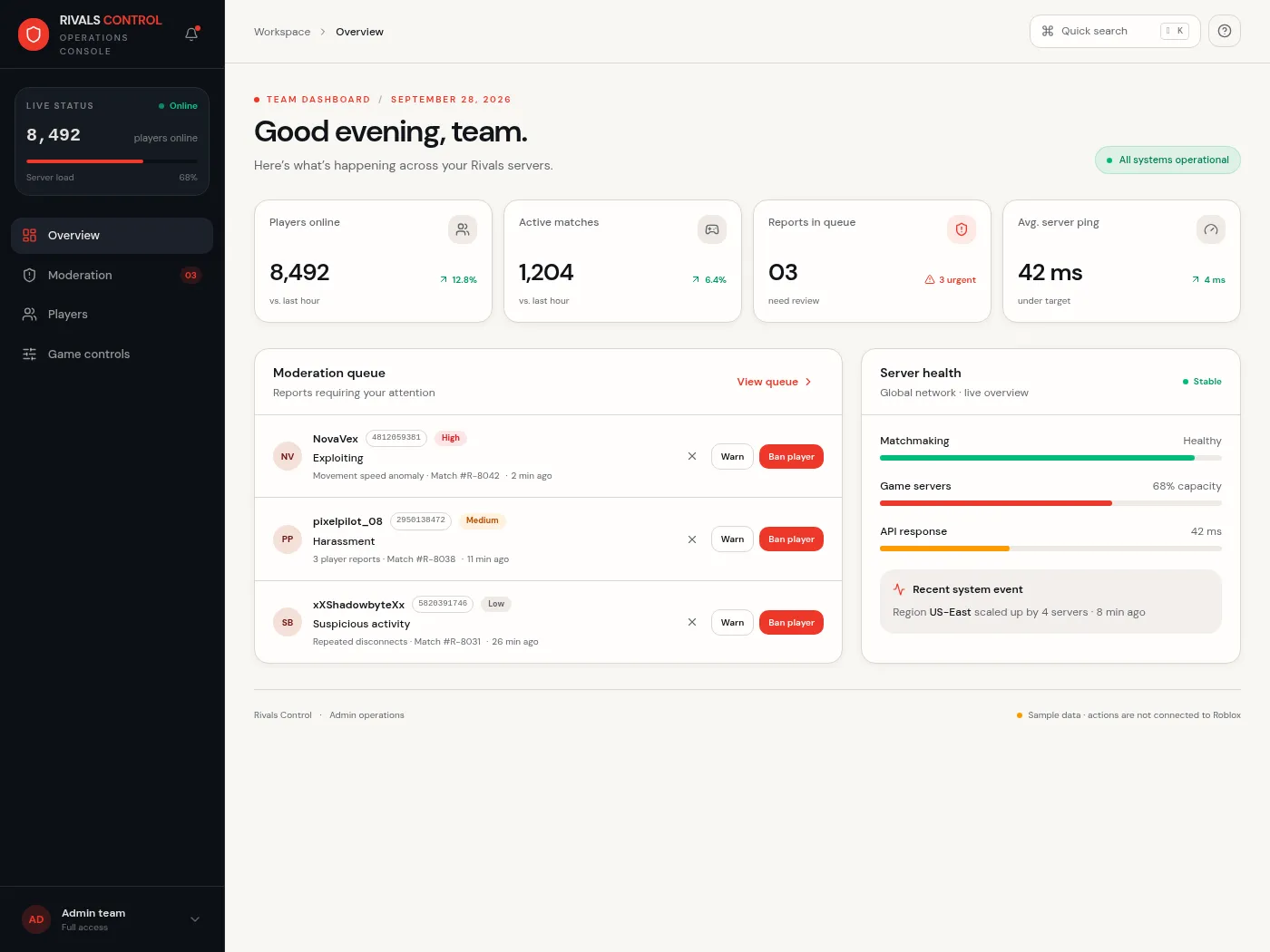 Rivals Admin Dashboard