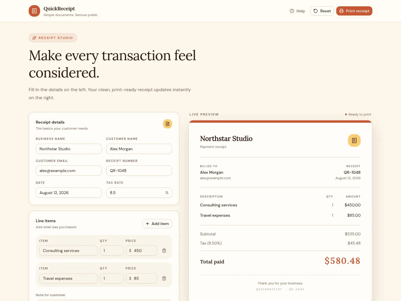 QuickReceipt Generator