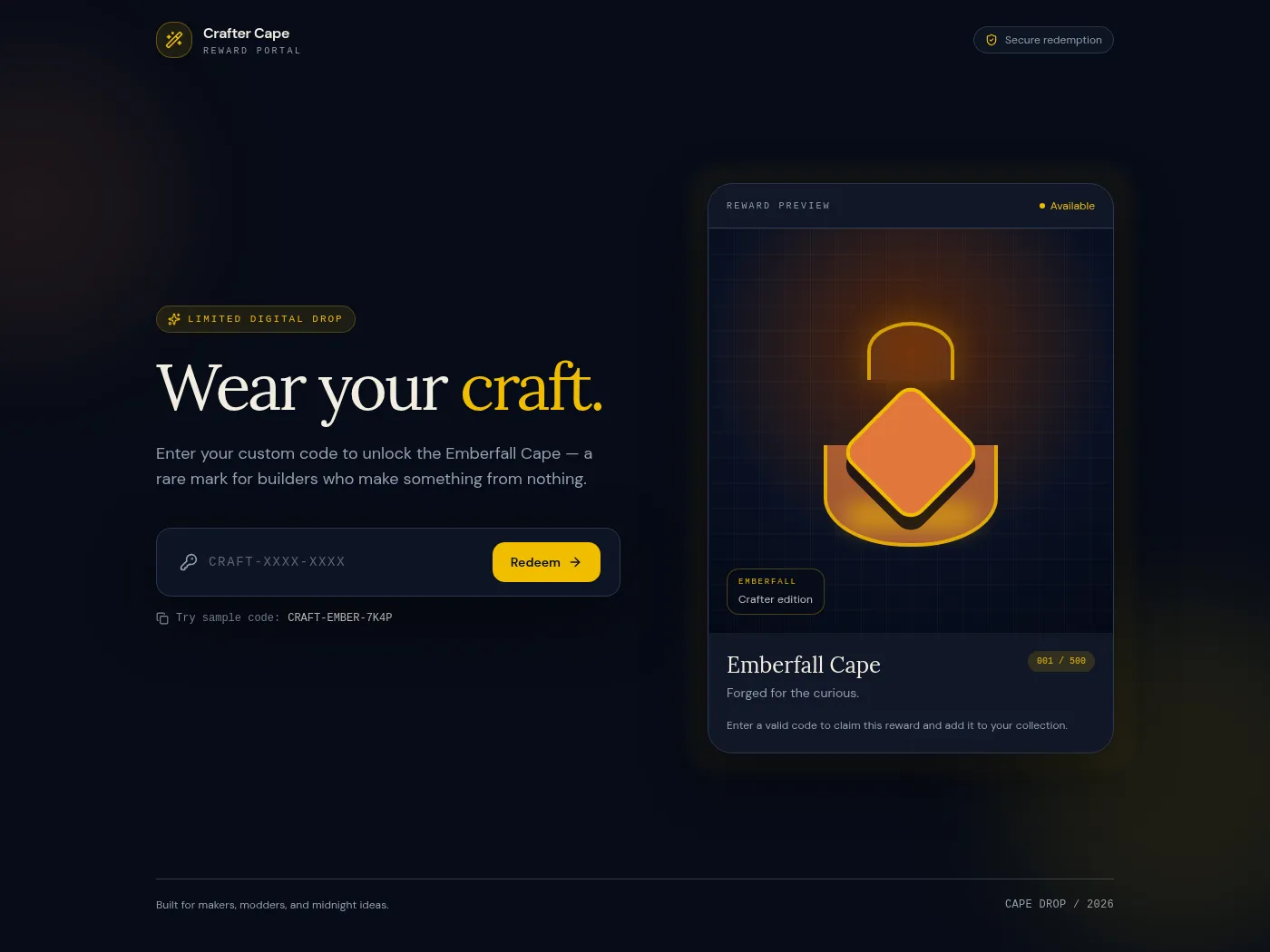 Crafter Cape Redeem