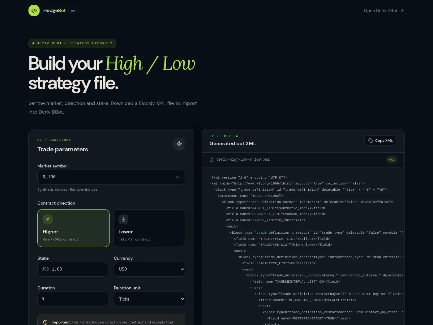 HedgeBot XML Builder