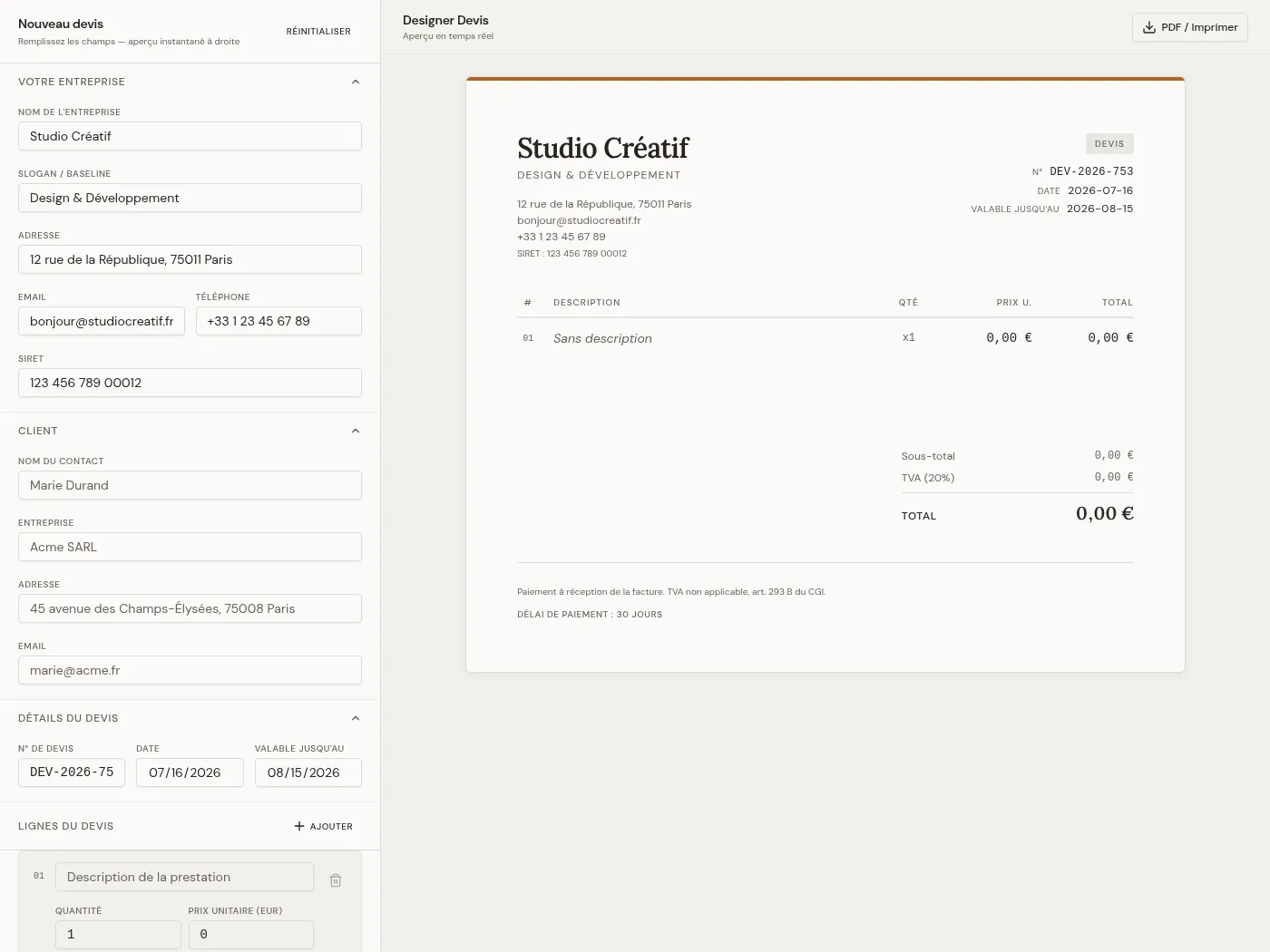 Designer Devis Generator