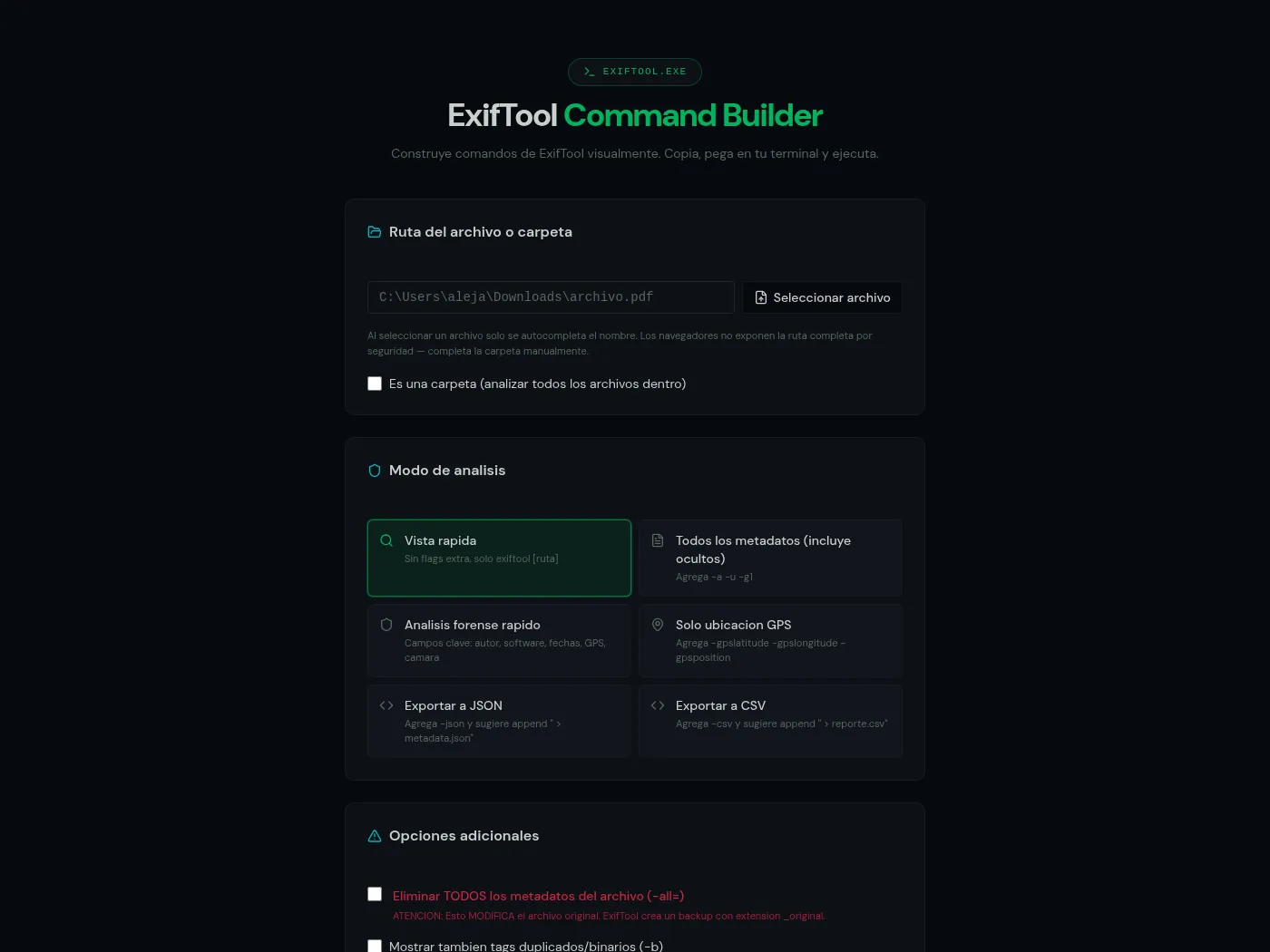 ExifTool Command Builder