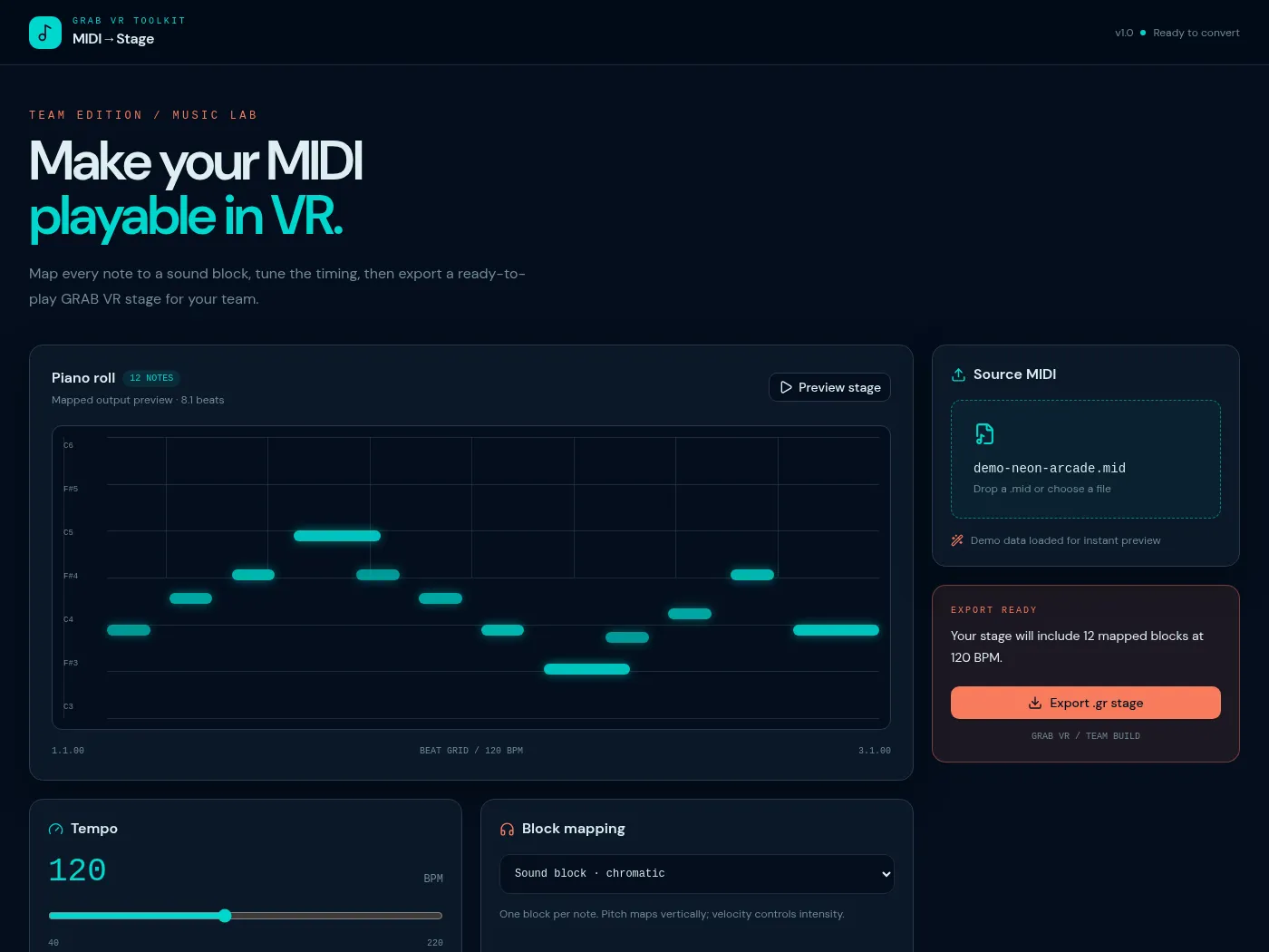 MIDI to Grab VR Converter