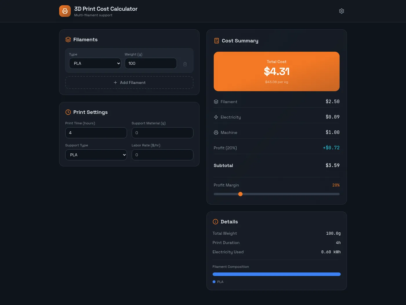 3D Print Cost Calculator