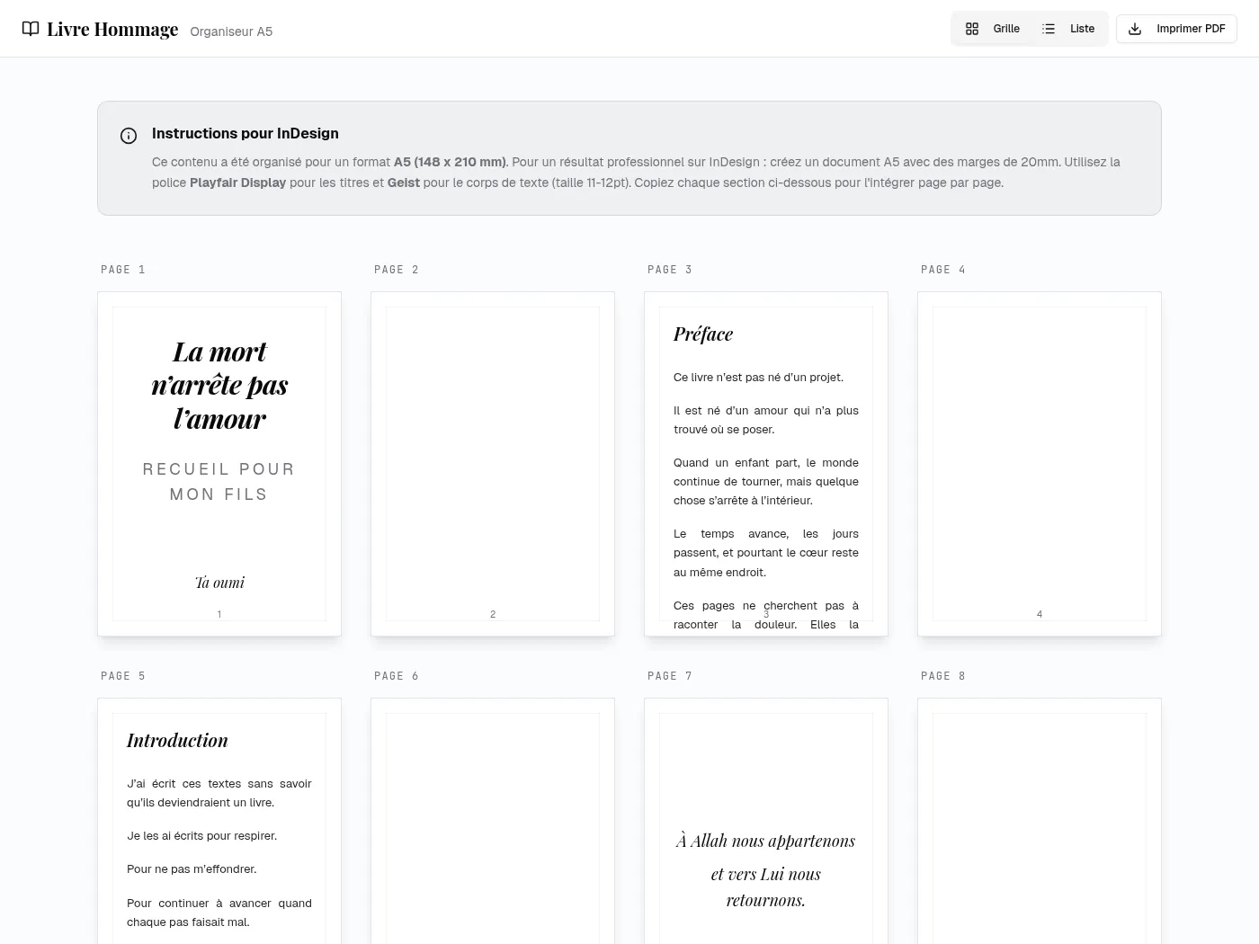 Livre Hommage, Organisation A5