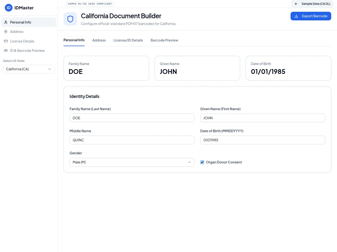 AAMVA ID Barcode Builder