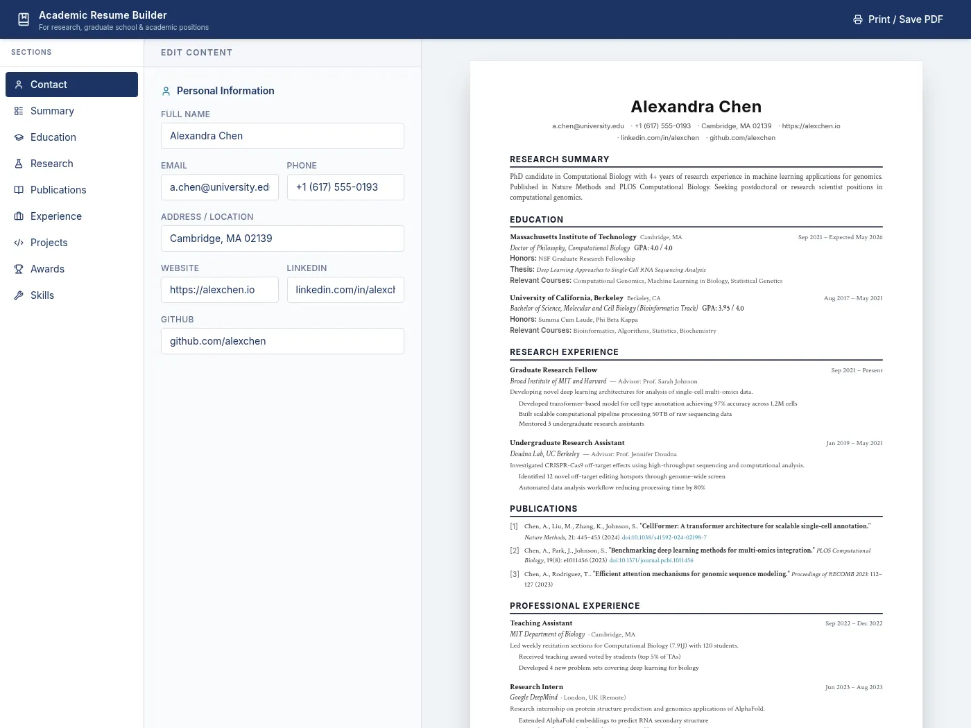 Academic Resume Builder