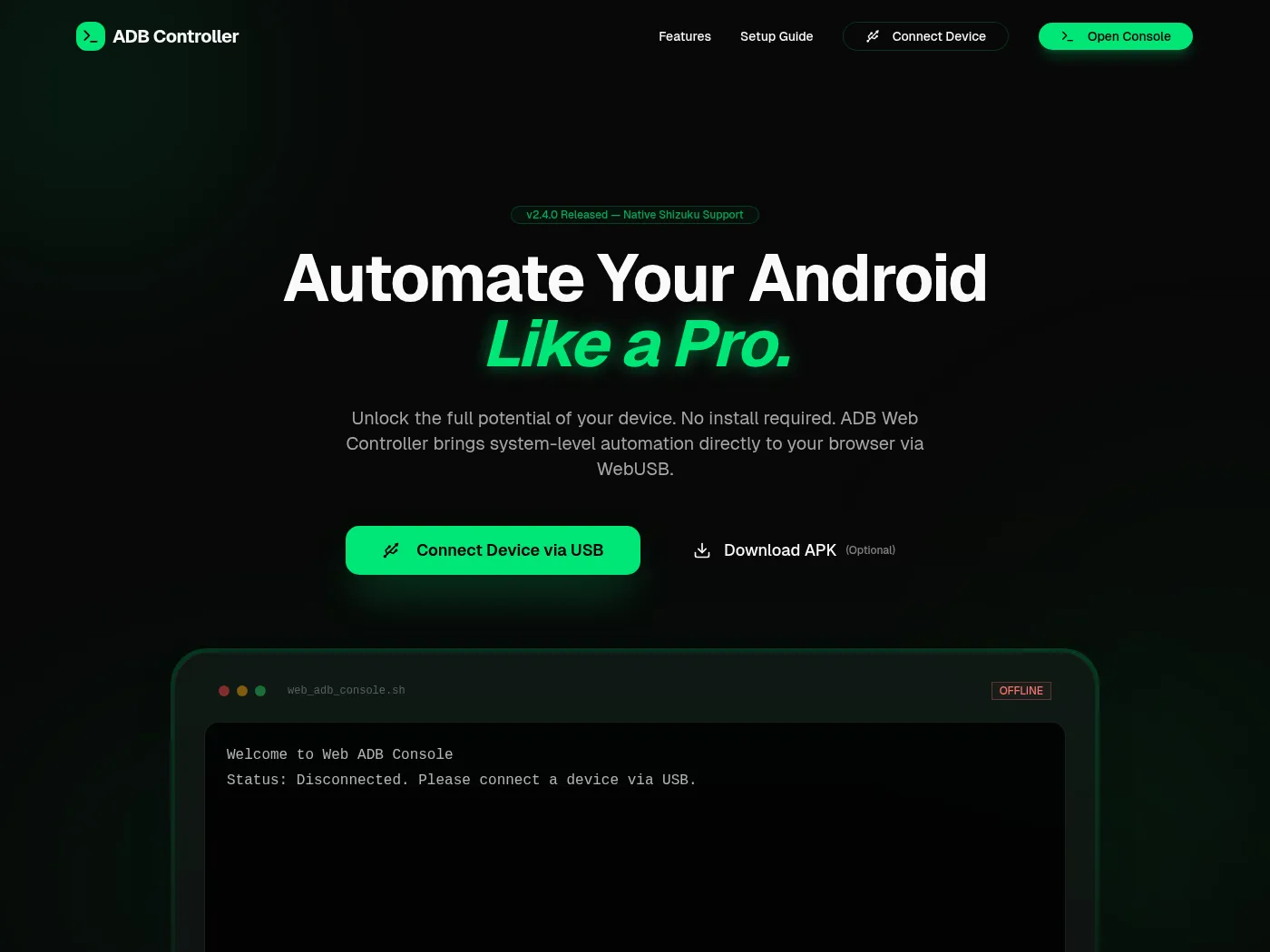ADB Controller APK Page