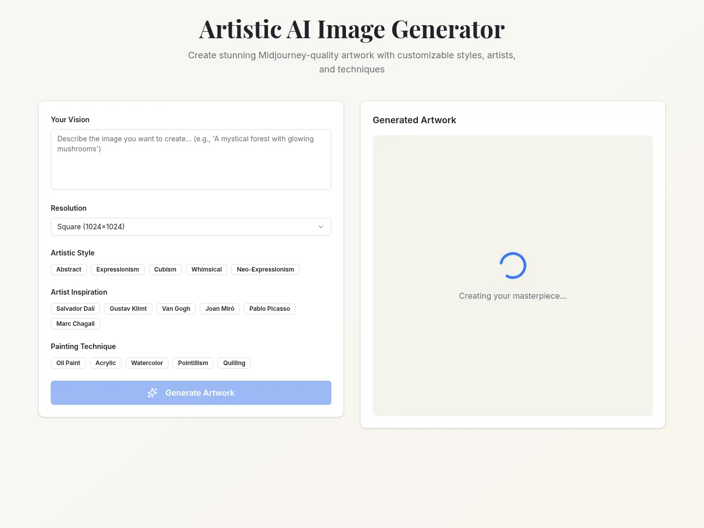 Artistic AI Image Generator with Style and Resolution Customization