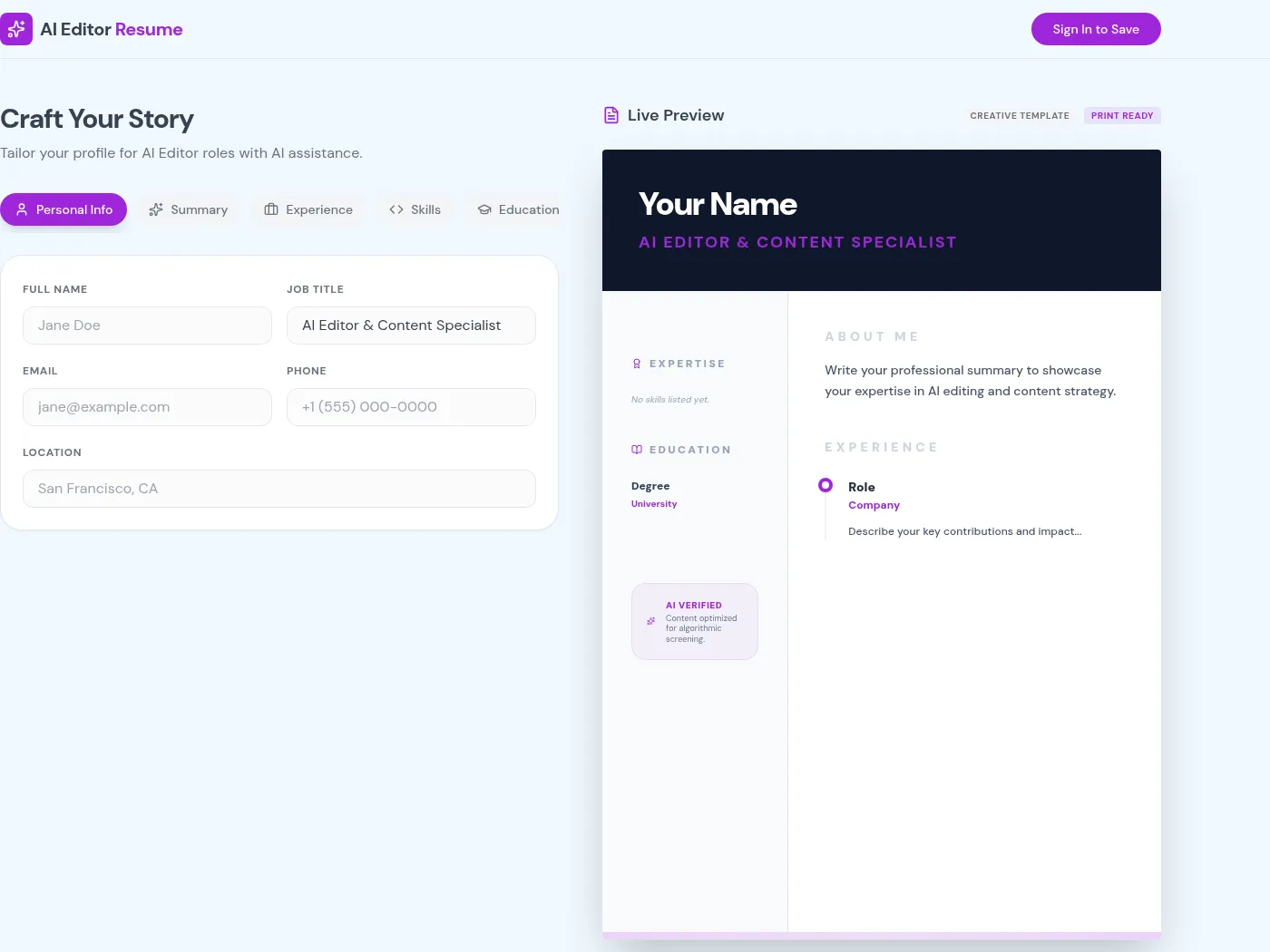 AI Editor Resume Builder